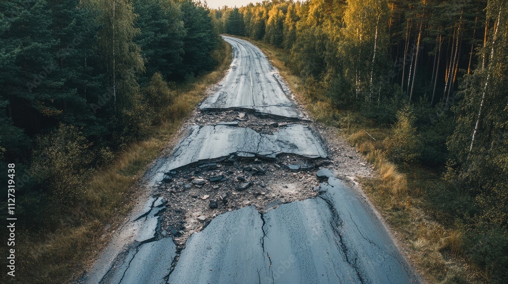 Cracked asphalt road damaged by heavy trucks in a forested area ...