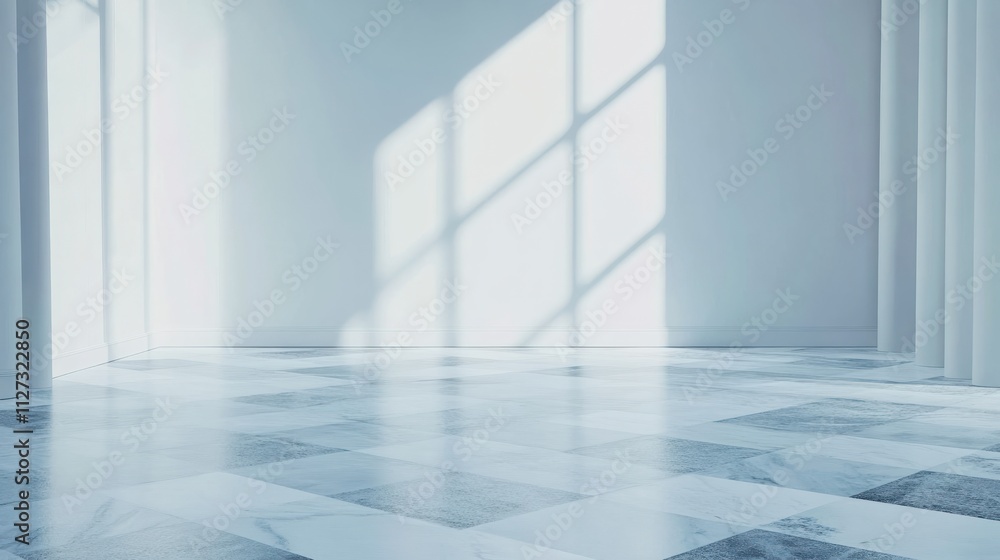 White empty studio room interior design white walls and corner tiled ...