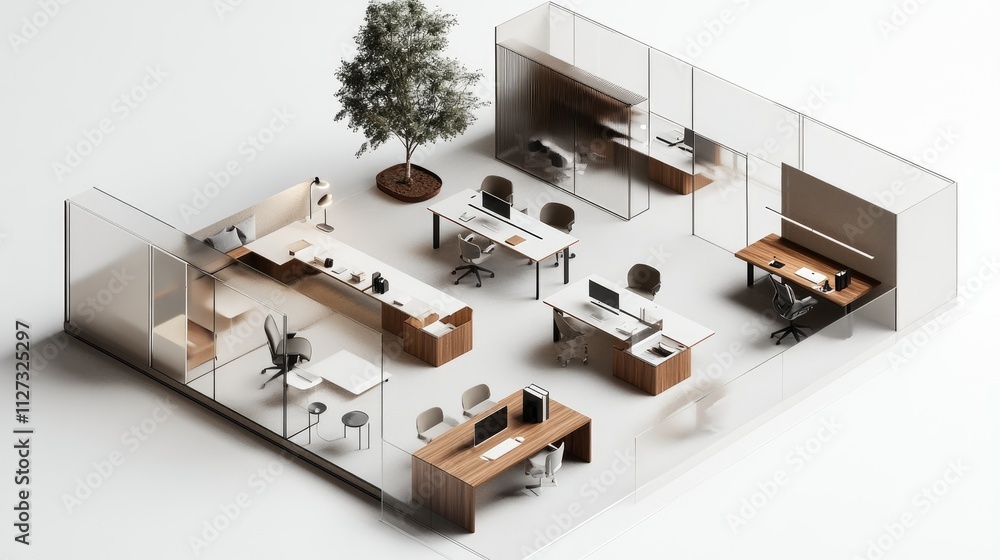 Modern office interior design, isometric view showcasing workstations ...