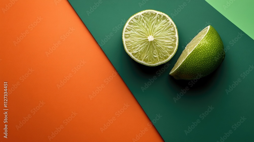 Sliced fresh lime on vibrant orange and green backgrounds showcasing ...