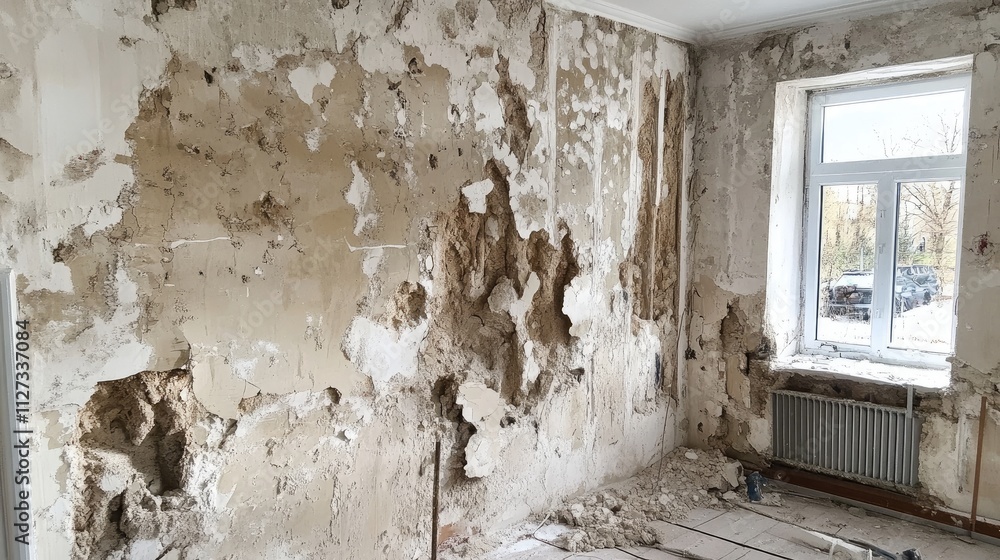 Crumbling plaster and damp walls showcasing severe water damage and ...