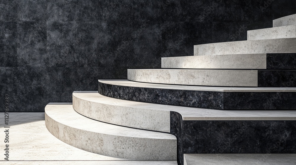 Curved cement steps with contrasting black and white lava tiles in a ...
