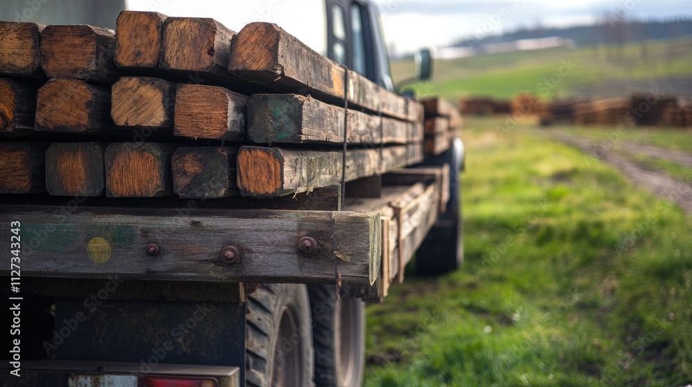 Wooden stakes stacked on a trailer in a rural landscape with green ...