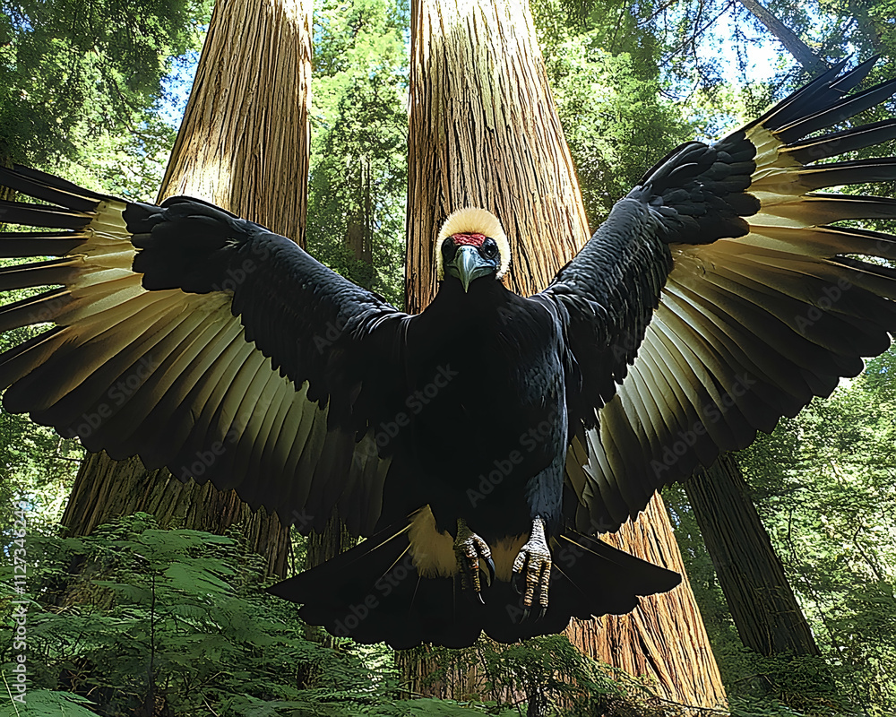 Majestic black bird with wings spread wide, soaring between giant ...