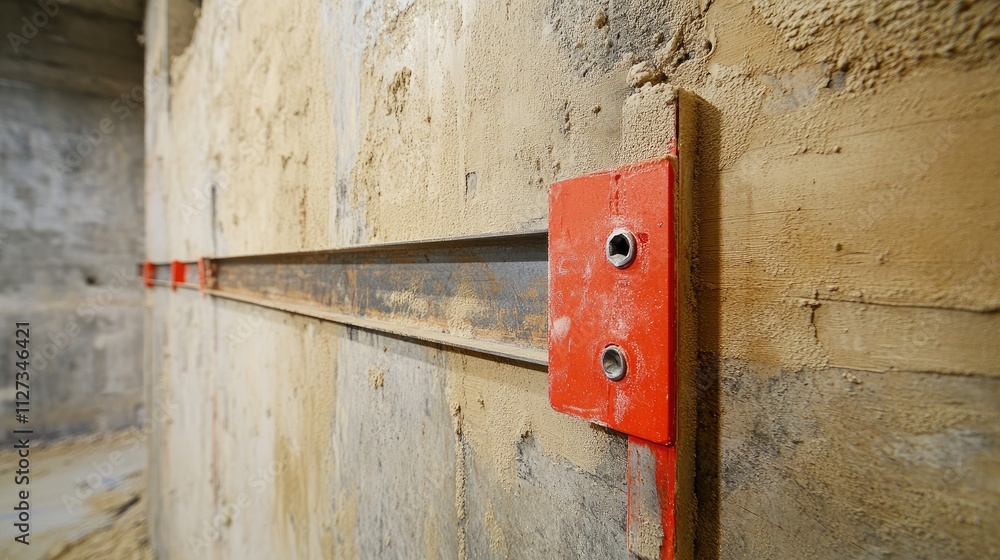 Installation of metal guiding beacons for wall leveling and plastering ...