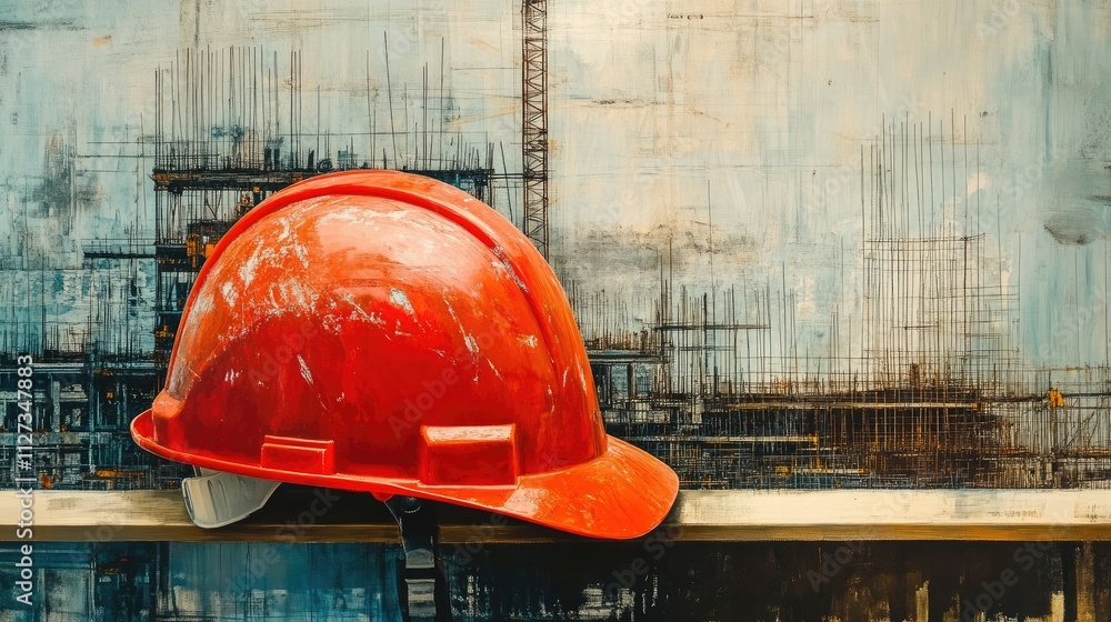 Red hard hat resting on a construction site railing with abstract ...