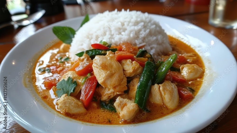 Panaeng curry with chicken and vegetables served with steamed rice in a ...