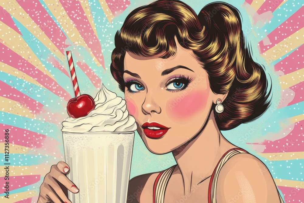Retro pop art illustration of a pin up girl holding a milkshake with ...