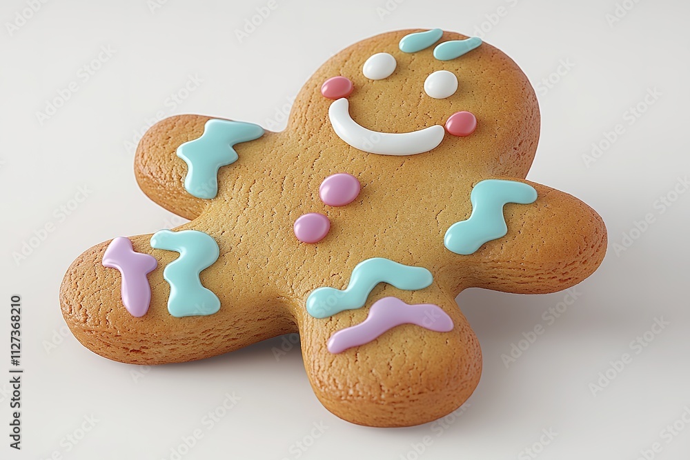 high realistic photo of gingerbread man cookie decorated with colorful ...