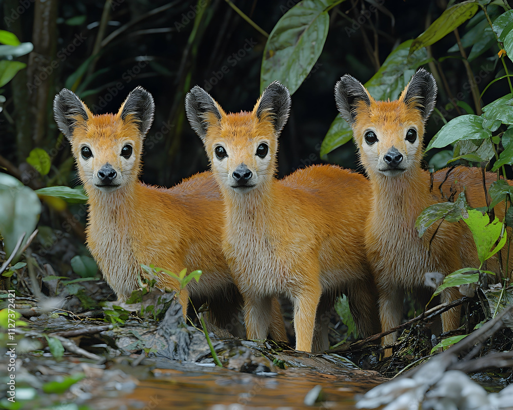 Three adorable red muntjac deer fawns standing together in a lush ...