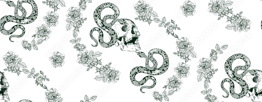 Seamless pattern with green decorative snakes and floral design on a ...