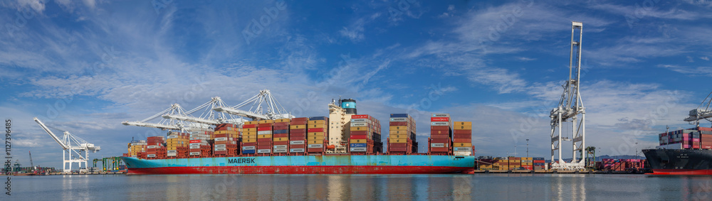 Pano of large container ship with "Maersk" on hull docked at the Port ...