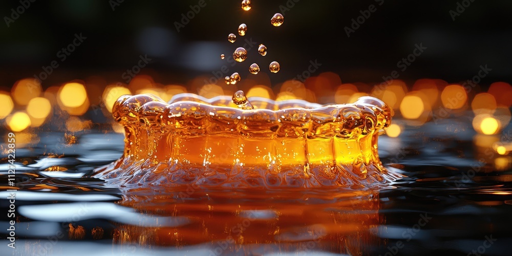 Golden honey pools elegantly on a black surface, with droplets dancing ...