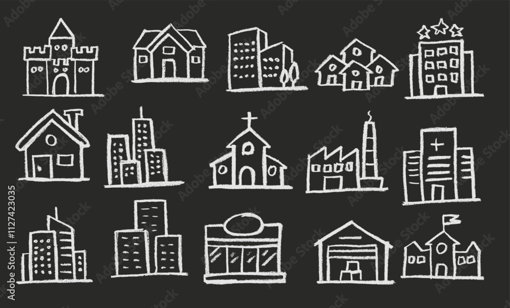 Architectural Building Related Icon Crayon Chalk Drawing Vector Set ...