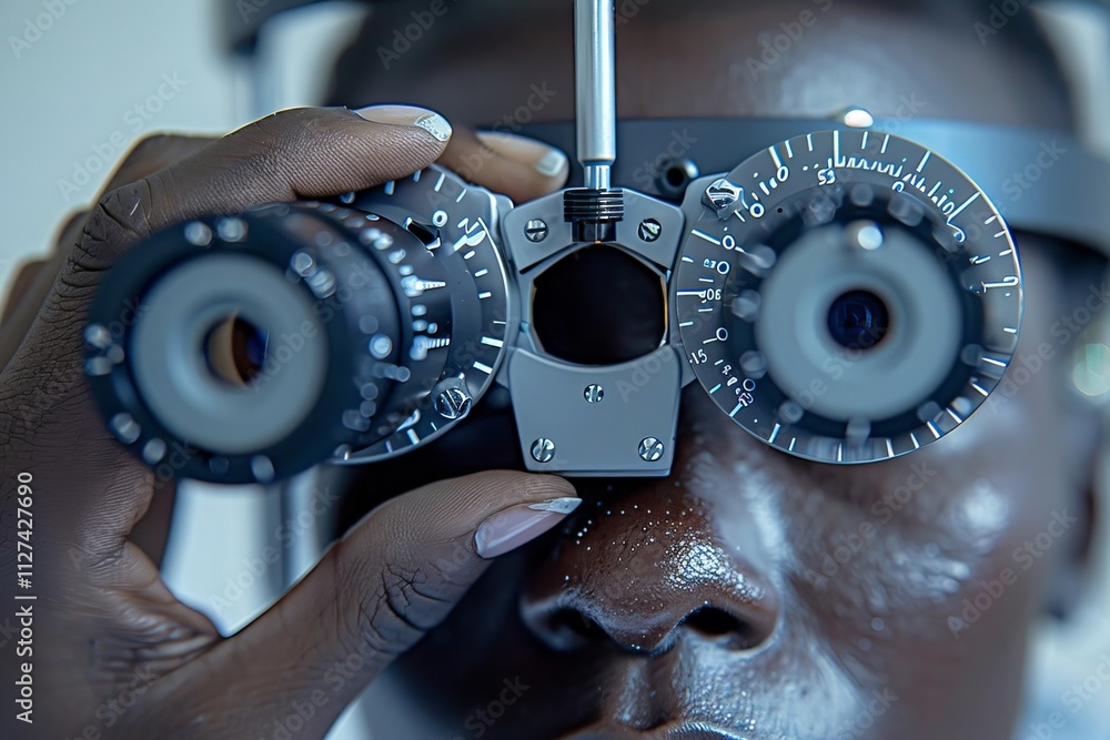African American optometrist gracefully adjusting phoropter during ...