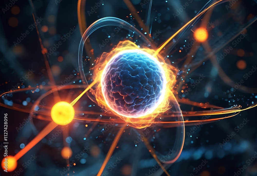 A dynamic depiction of an atom showcasing energetic electrons orbiting ...
