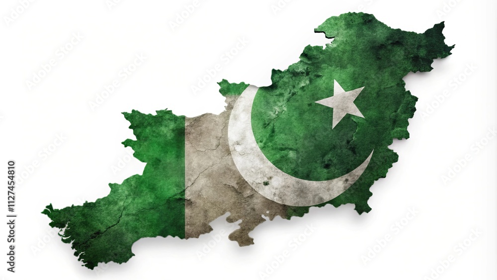 Map of Pakistan with a texture of the Pakistani flag on it. White ...