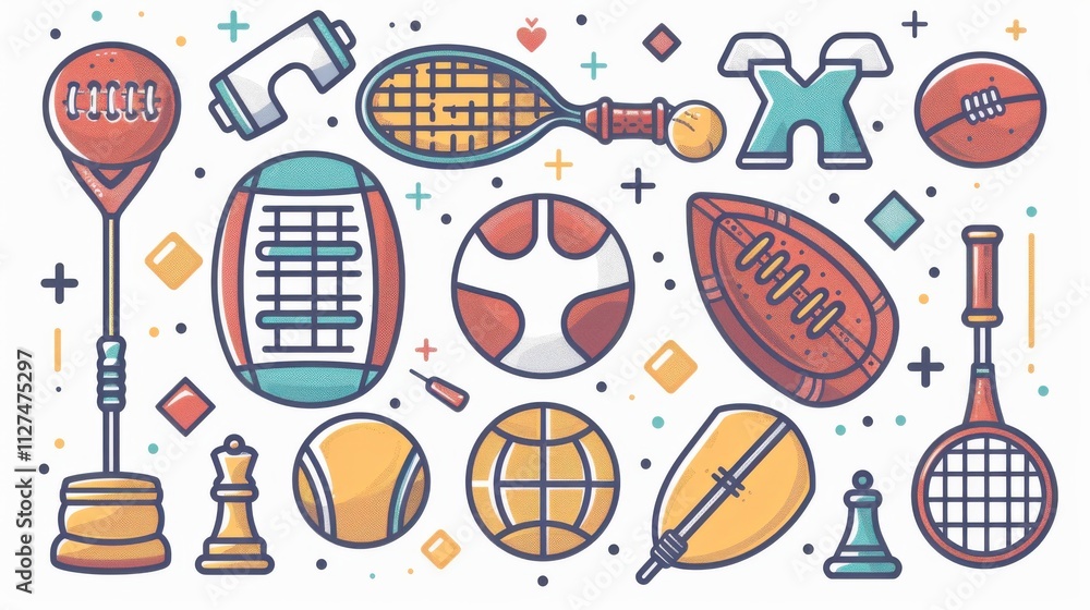Vector illustration of sports symbols, featuring football, cricket ...