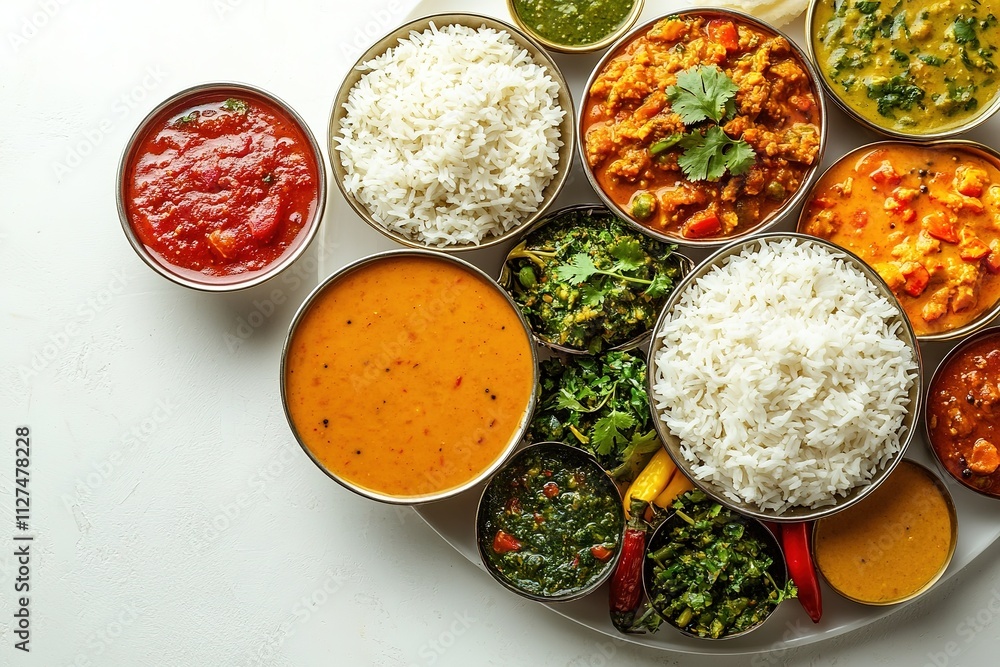 top view of traditional indian thali with colorful curries and rice ...