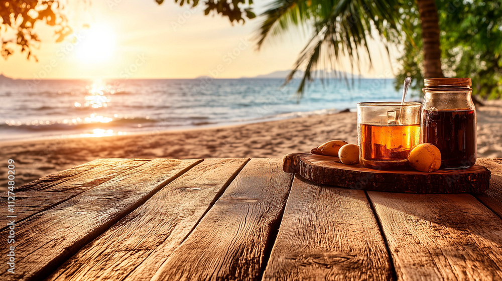 Plank tabletop with ocean beach background. For product display montage ...
