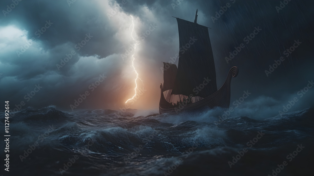 "Viking Ship Braving Stormy Seas: Lightning Strikes as Courageous ...