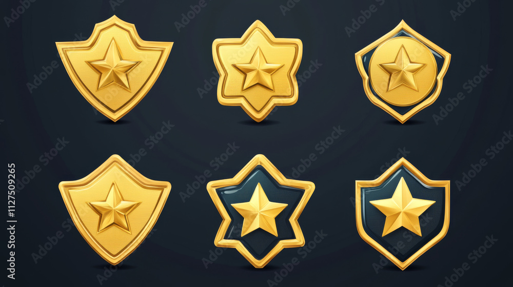 Game golden badges of level number with rating stars isolated on ...