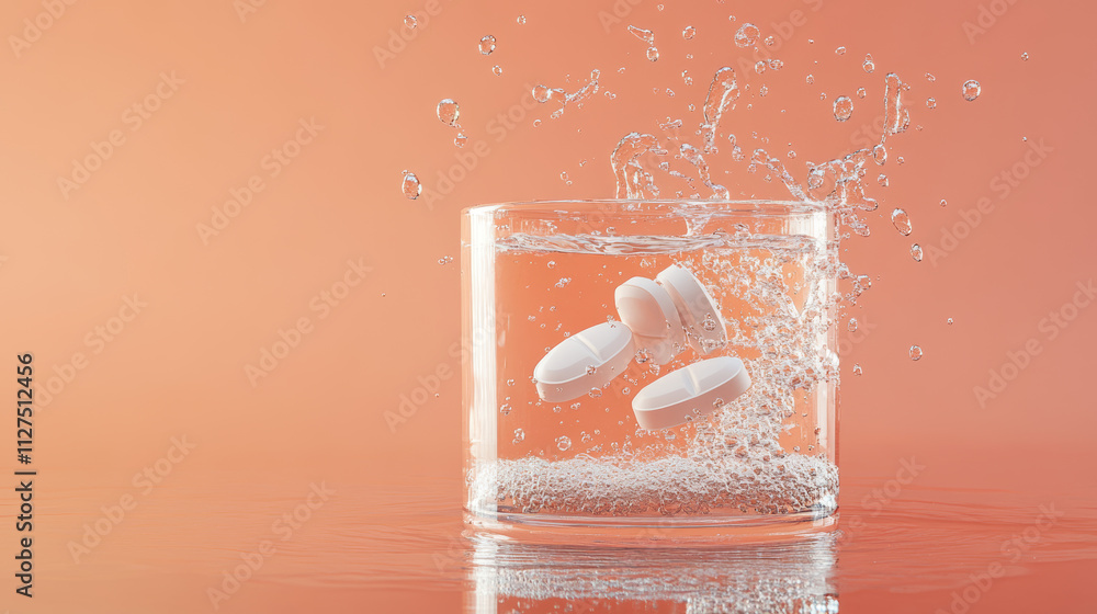 Effervescent soluble tablet in water glass isolated on transparent ...