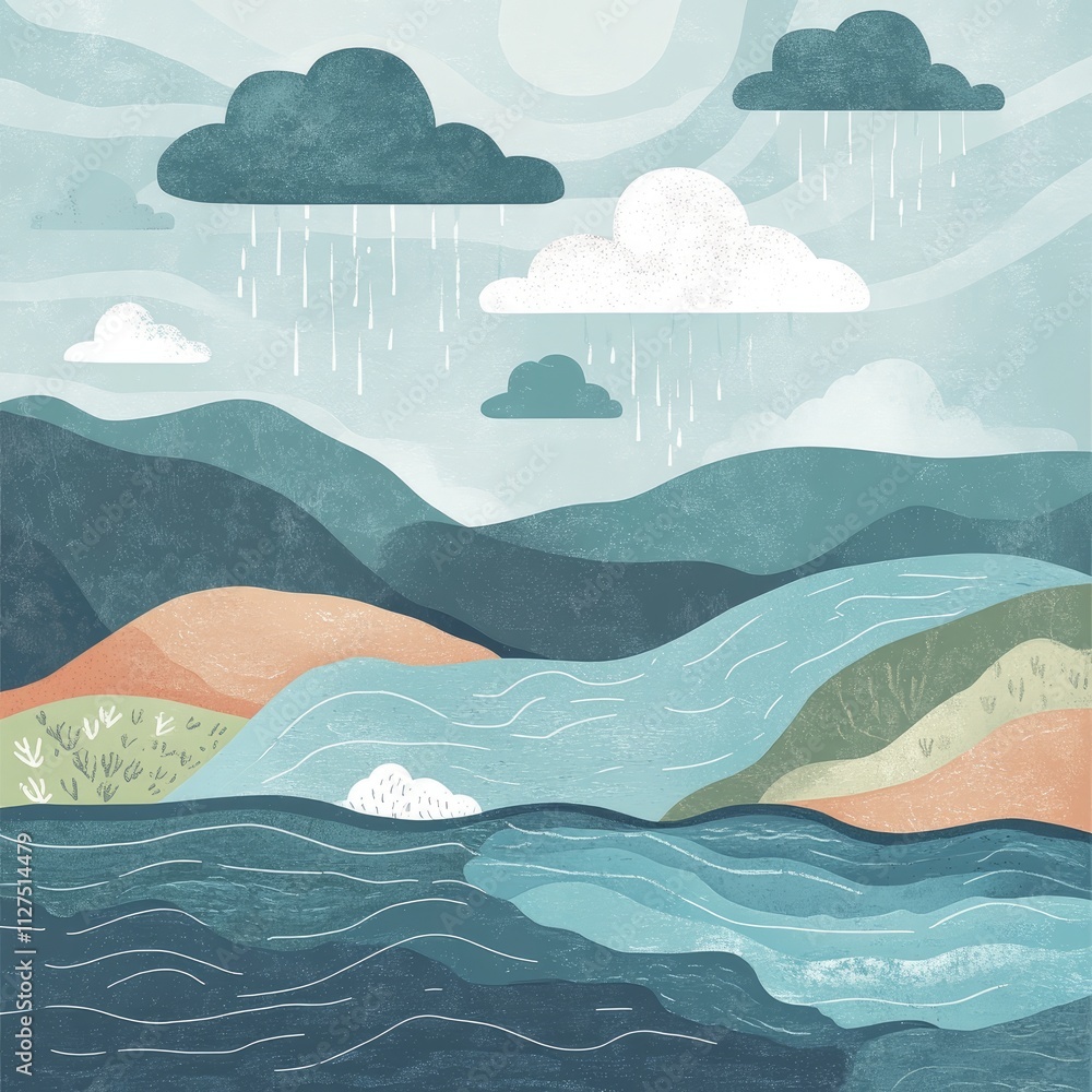 A schematic illustration of the water cycle in soft colors, featuring ...