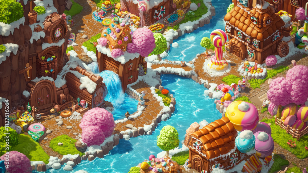 Game level map of fantasy sweet world with chocolate river, gingerbread ...