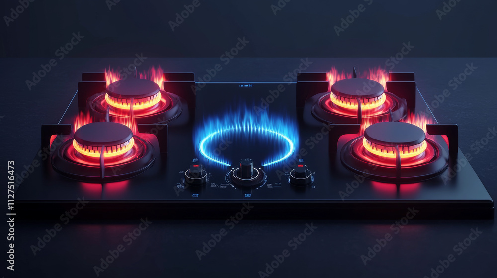 Hotplates, burning gas stove and electric coil, blue flame and red ...