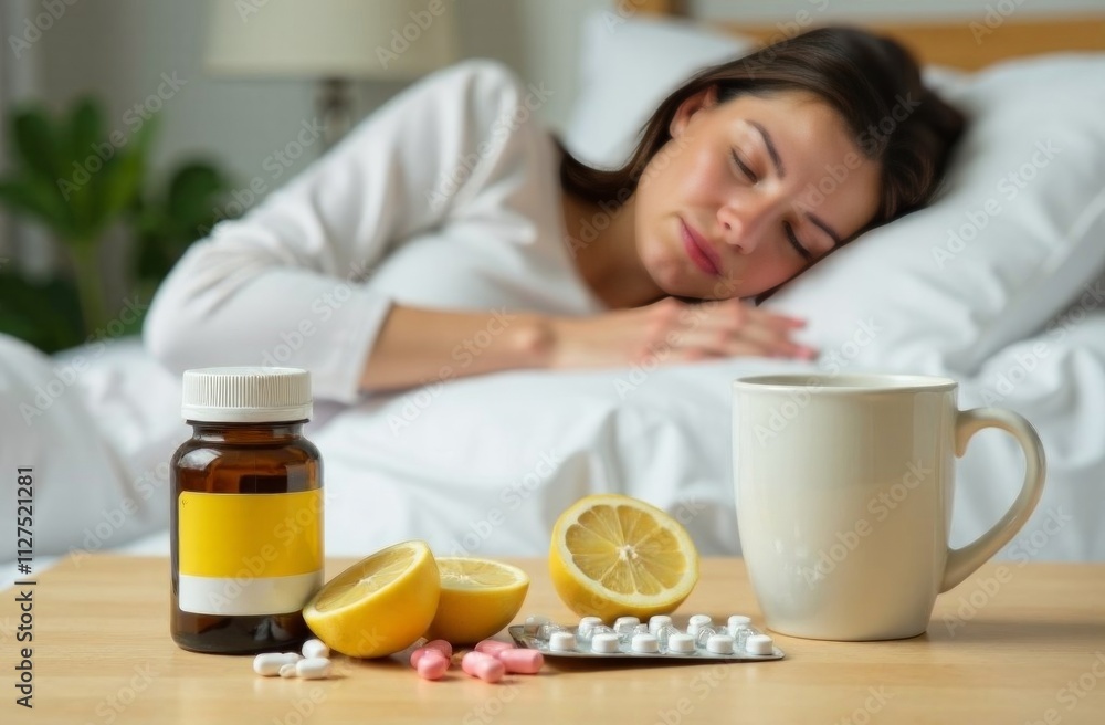 Woman resting with medication and warm drink for cold and flu relief ...