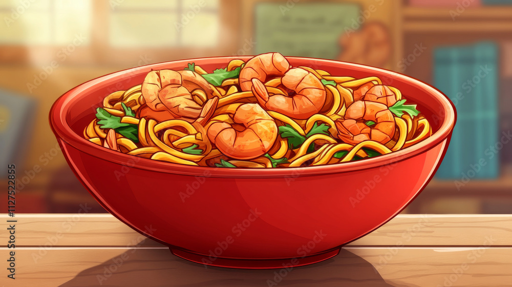 Hot ready to eat noodle with additions and steam in red bowl. Cartoon ...