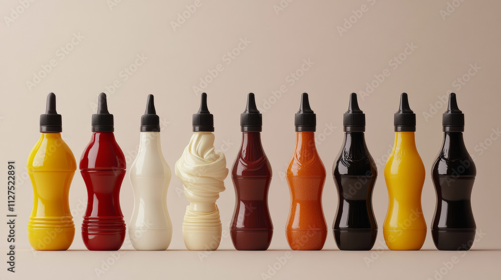 Set of different sauces in bottles and strokes top view. Mayonnaise ...
