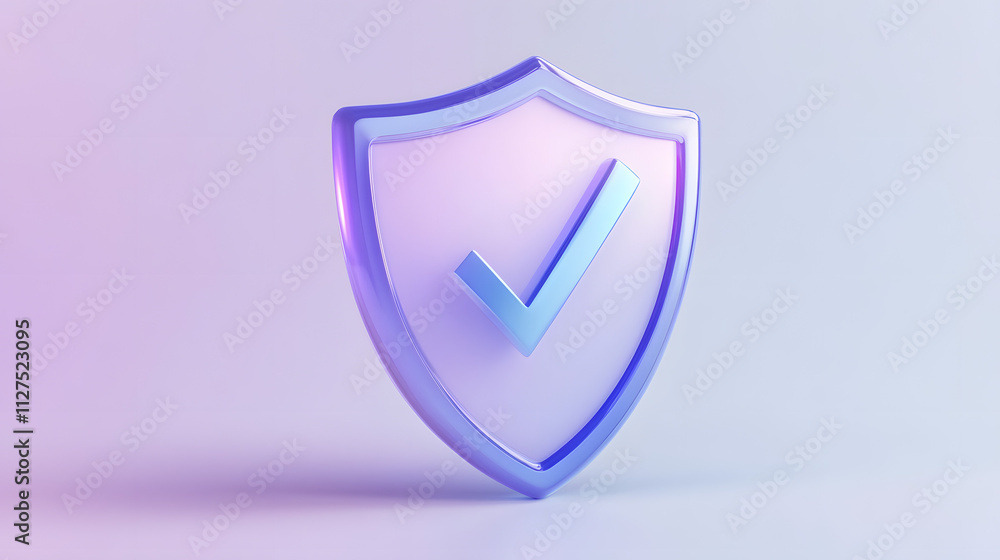cartoon 3d Icon safety shield check mark perspective . Blue and purple symbol security safety ...