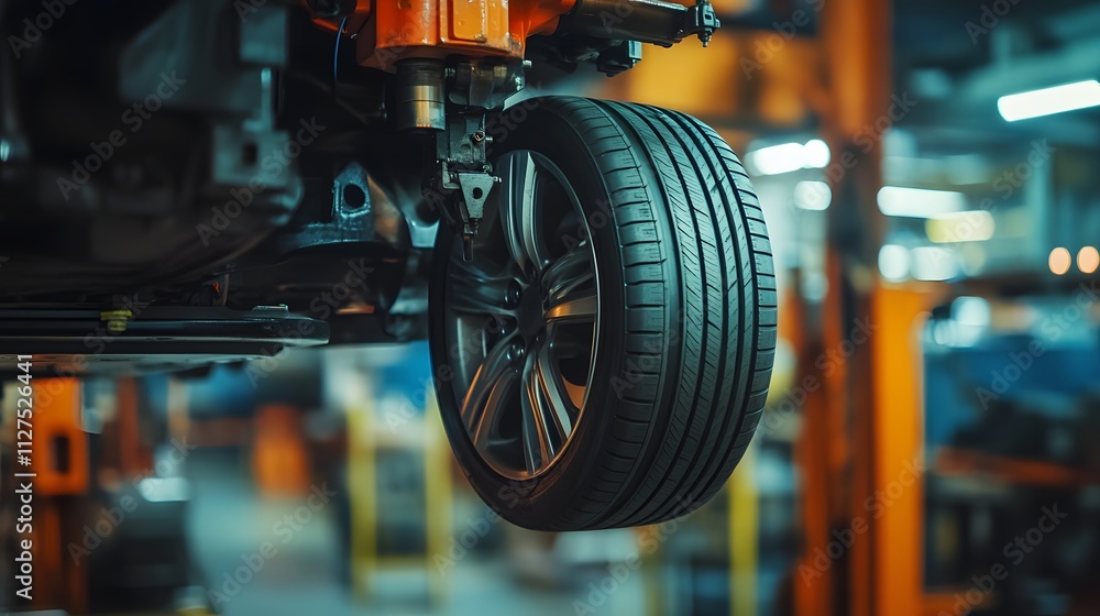 A robot arm installing tires on a car as part of an automated ...