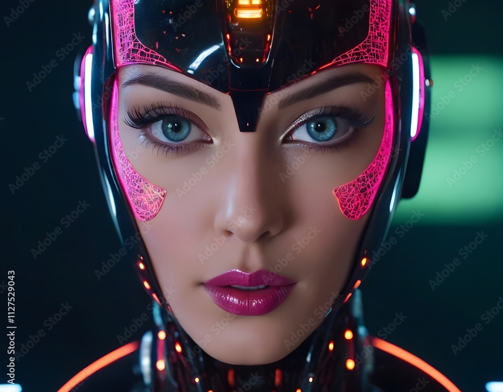 Futuristic android young girl woman neon robot with colorful attractive blue eyes mechanical ...