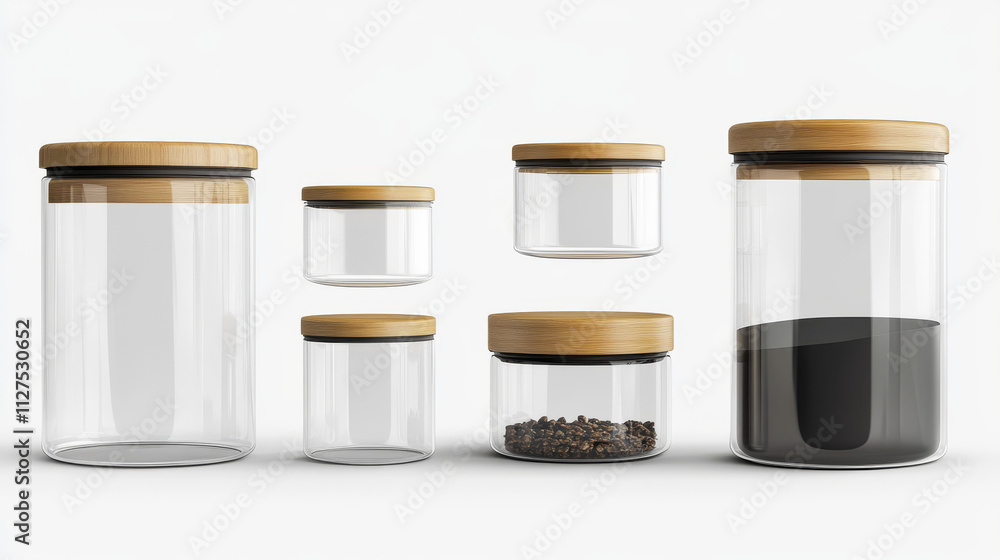 Ilustración de Stock Glass transparent low and high jar mockup closed ...