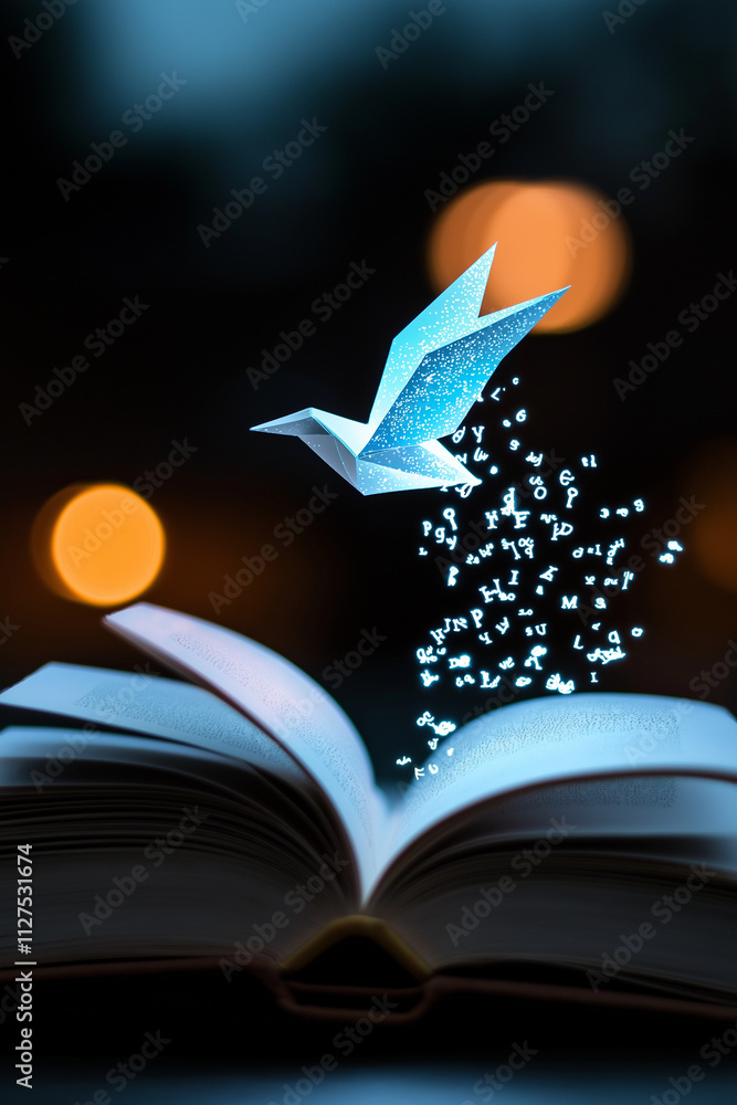 Open book with a magical origami bird flying out of it and transforming ...