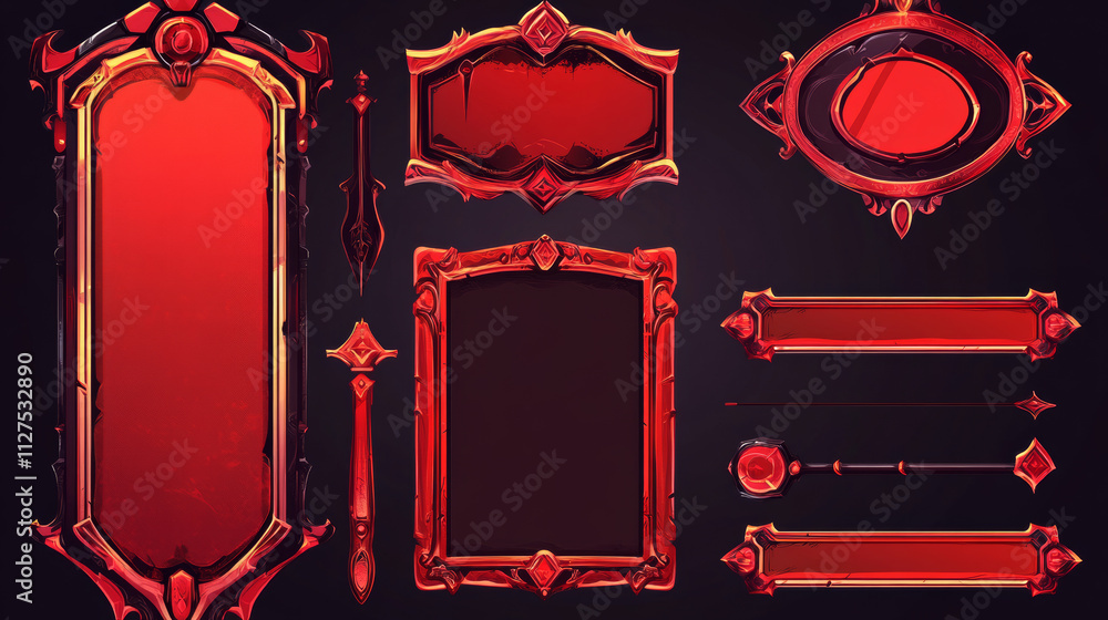 Game ui frames, red medieval menu interface elements, buttons or banners with ornate, rims and ...