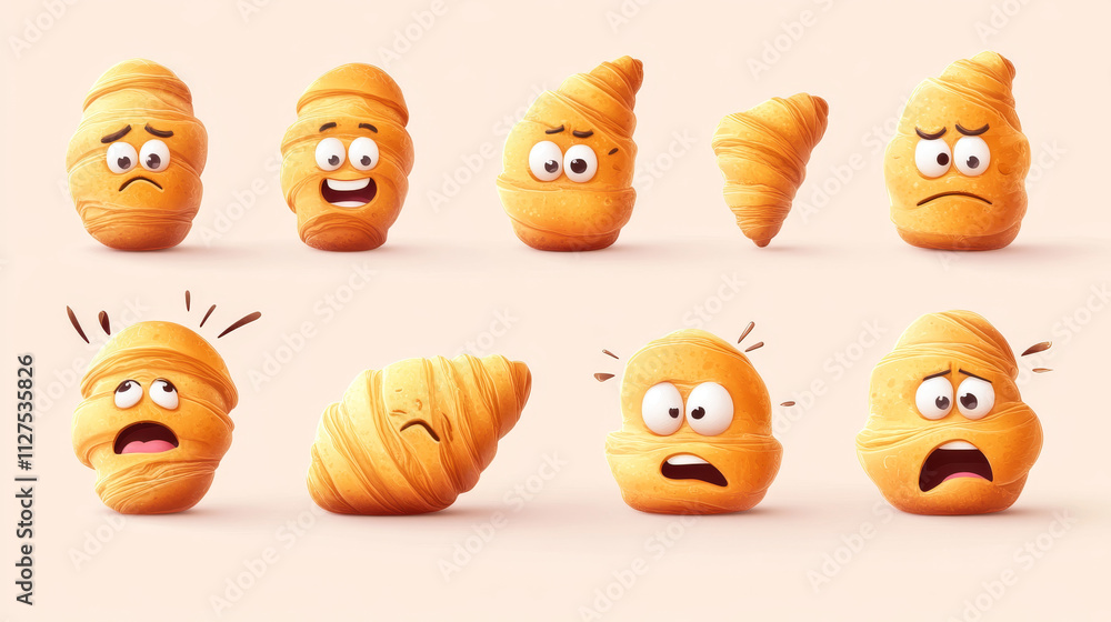 Cartoon croissant character with different emotions on face. Set of ...