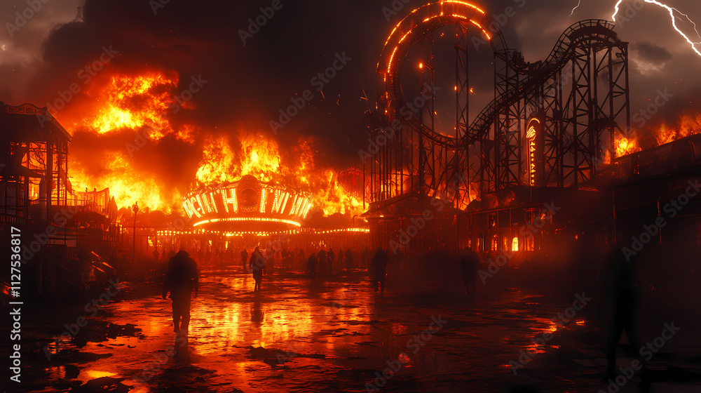 Apocalyptic amusement: 3d render of derelict theme park engulfed in ...