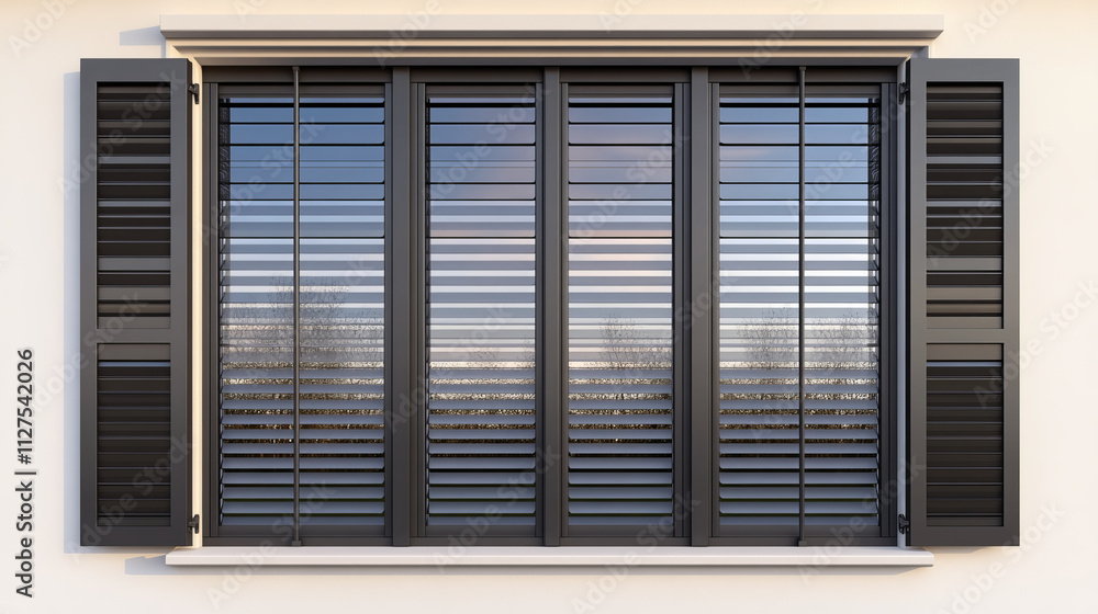 Windows with jalousie and roller shutter curtains. Plastic pvc single ...
