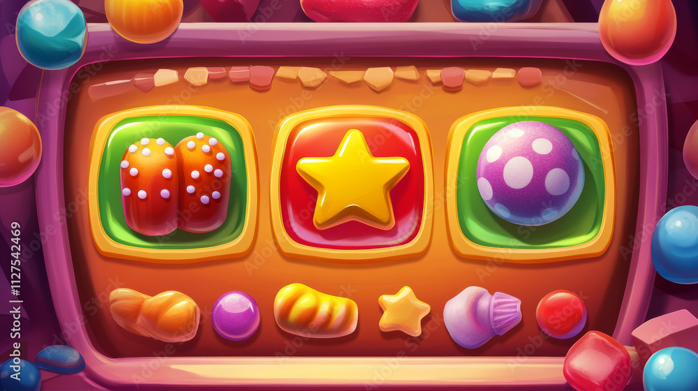 Candy game ui level indicator to select star icon cartoon design. Complete button option and ...