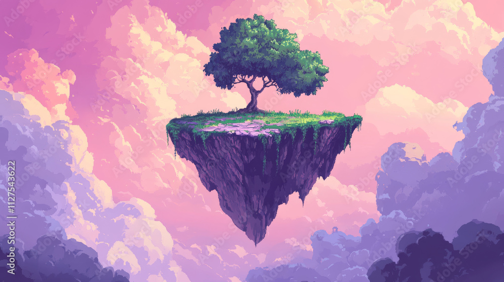 Land island floating in pink sky game vector illustration. Cartoon ...