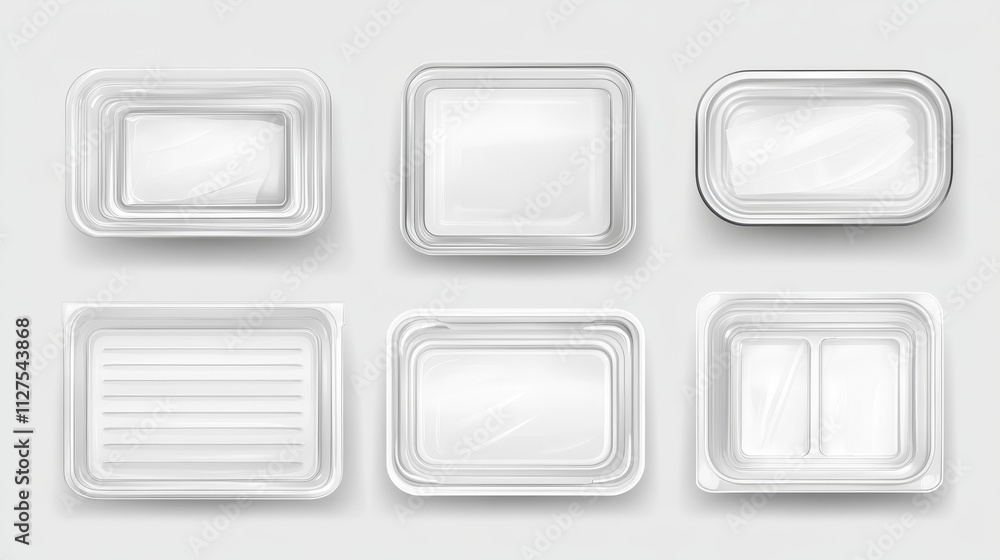 White plastic trays, package with clear film for food. Empty styrofoam ...