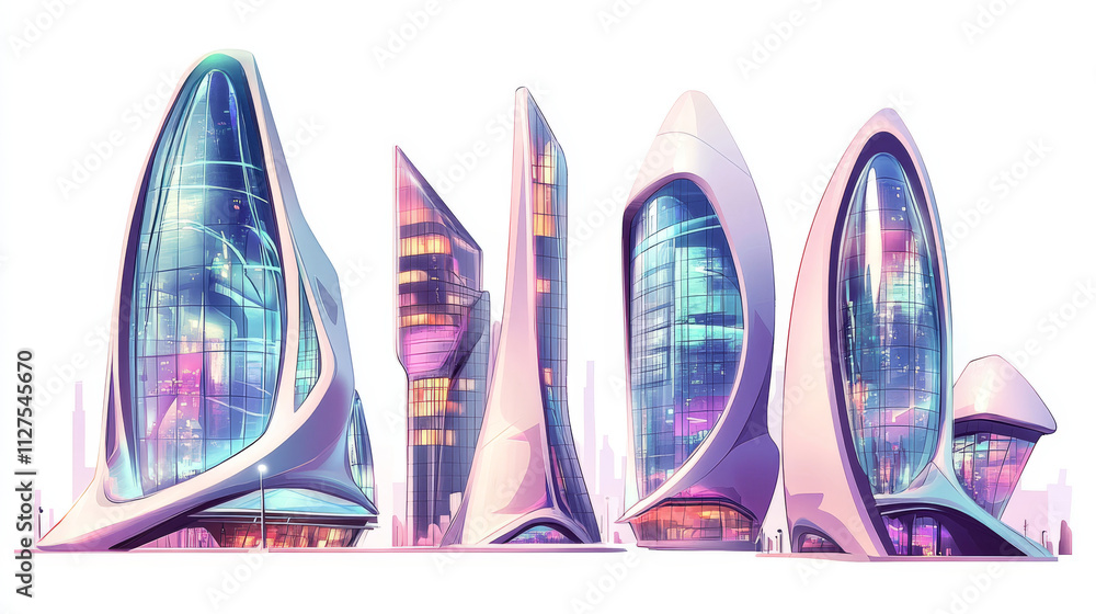 Future city, futuristic buildings with glass facade and unusual shapes ...
