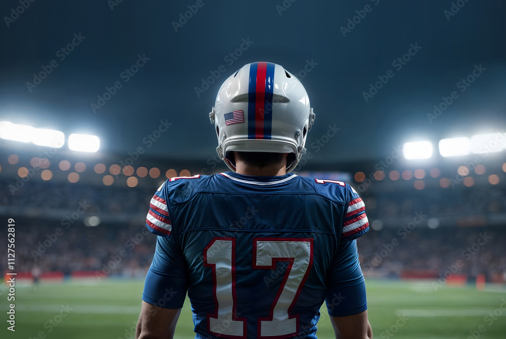Back view of an american football quarterback player in the stadium ...