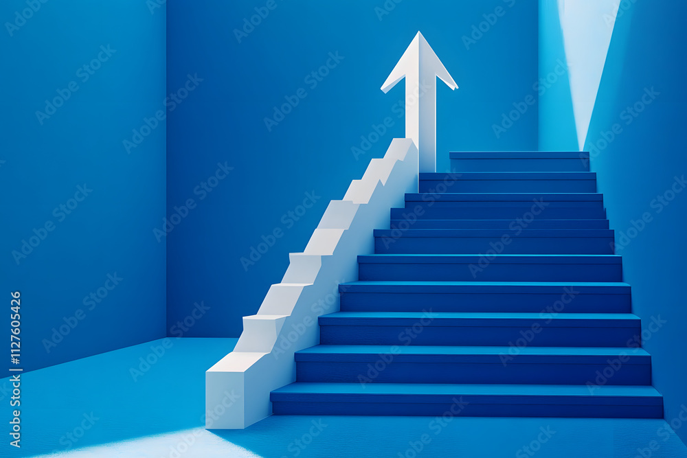 White arrow up with blue stair on blue floor background, 3D arrow ...