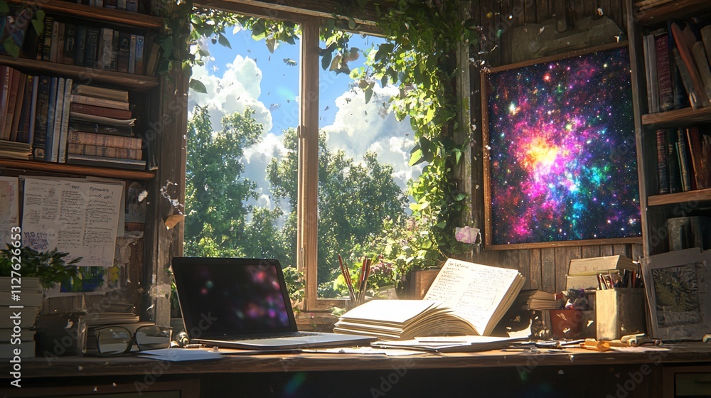 Magical study with open book, laptop, and cosmic art near window. Stock ...