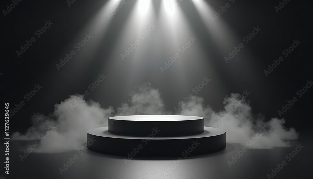 Empty dark stage with spotlights and smoke. Black pedestal stands ...